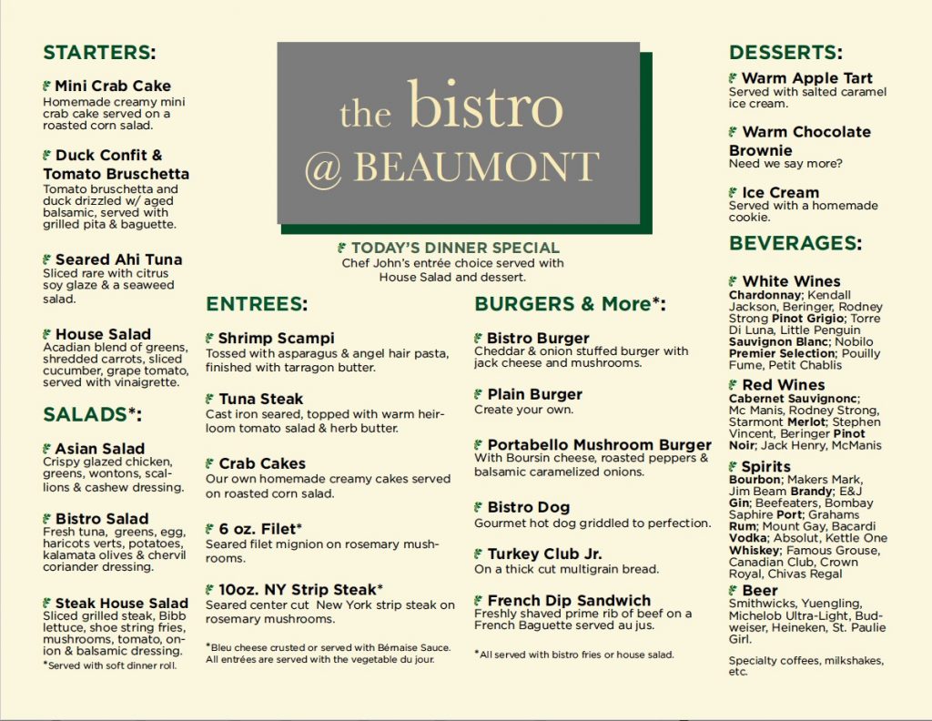 Bistro Menu | Beaumont at Bryn Mawr